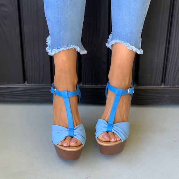Boutique | Shoes | Ocean Blue Chunky Wooden Heel Platform Sandal | Poshmark